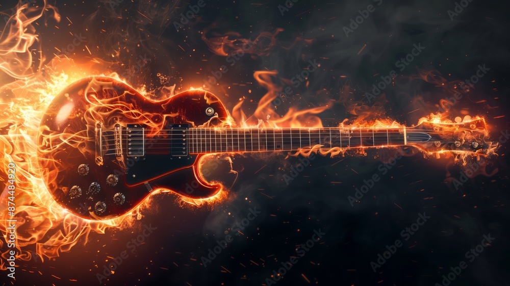 Rock guitar fire burning engulfed in flames, creating a dramatic and ...