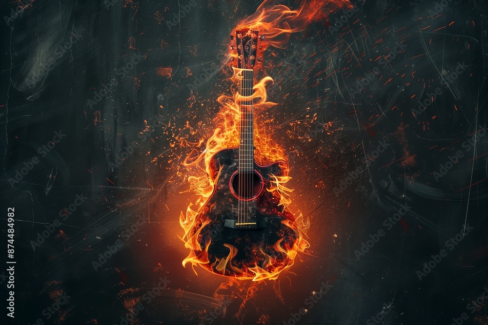 Rock guitar fire burning engulfed in flames, creating a dramatic and ...