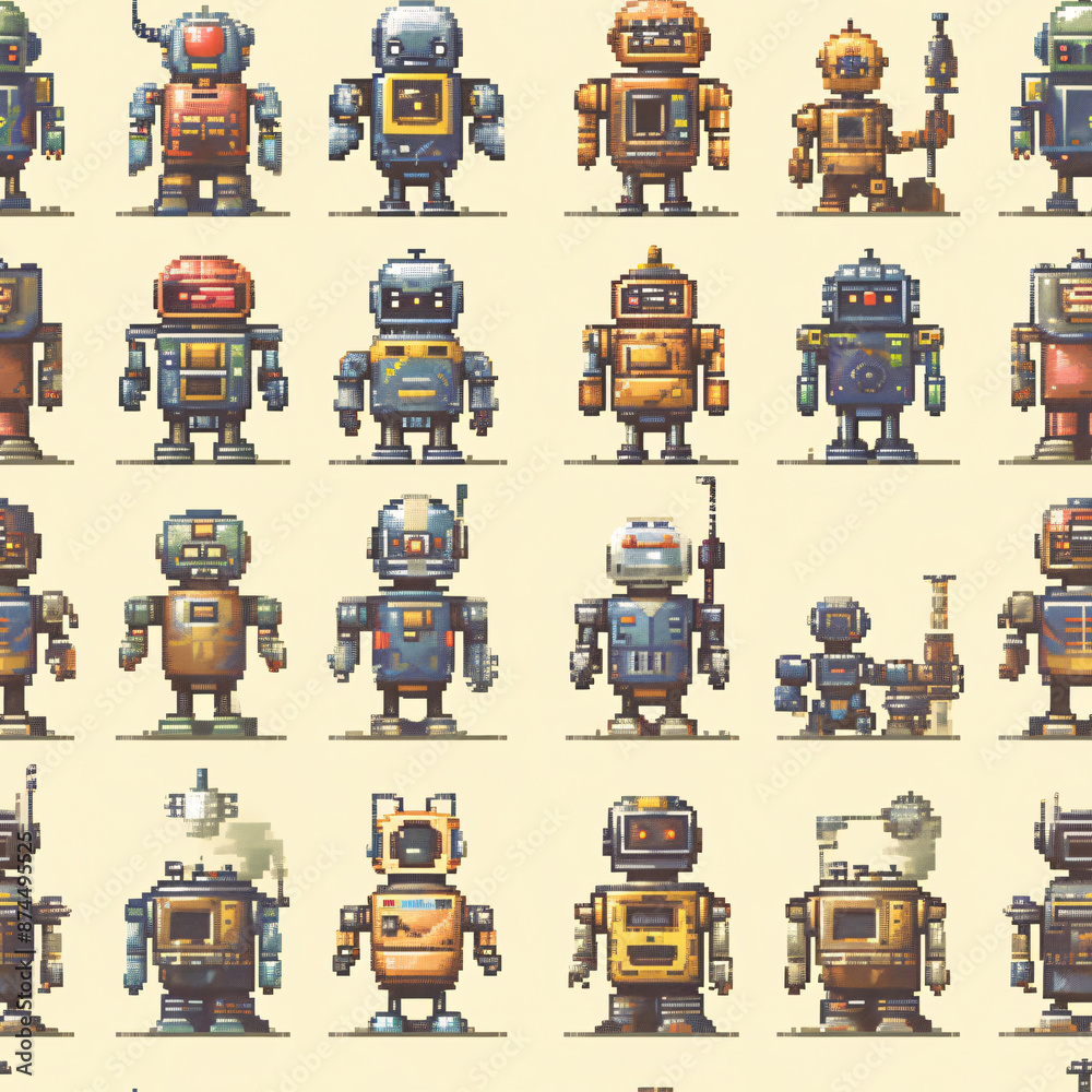 Pixel art template of vintage robots, with different designs and poses ...