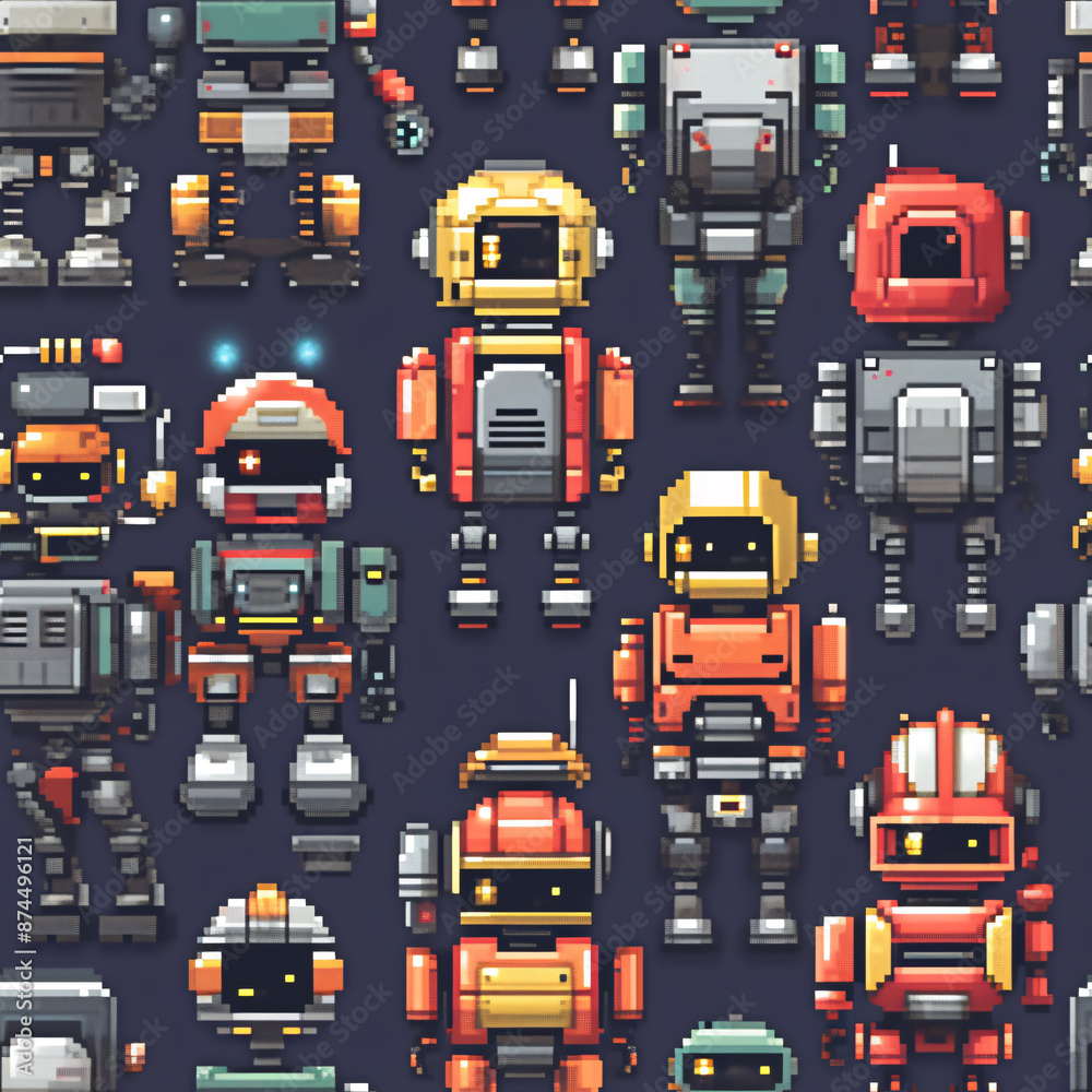 Pixel art template of vintage robots, with different designs and poses ...