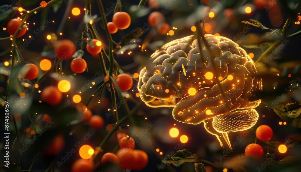 Magical vines bearing fruits and vegetables intertwine with a luminous ...