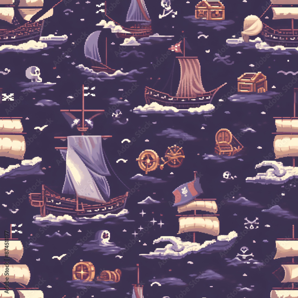 Pixel art pattern of pirate ships, treasure chests and pirate flags ...