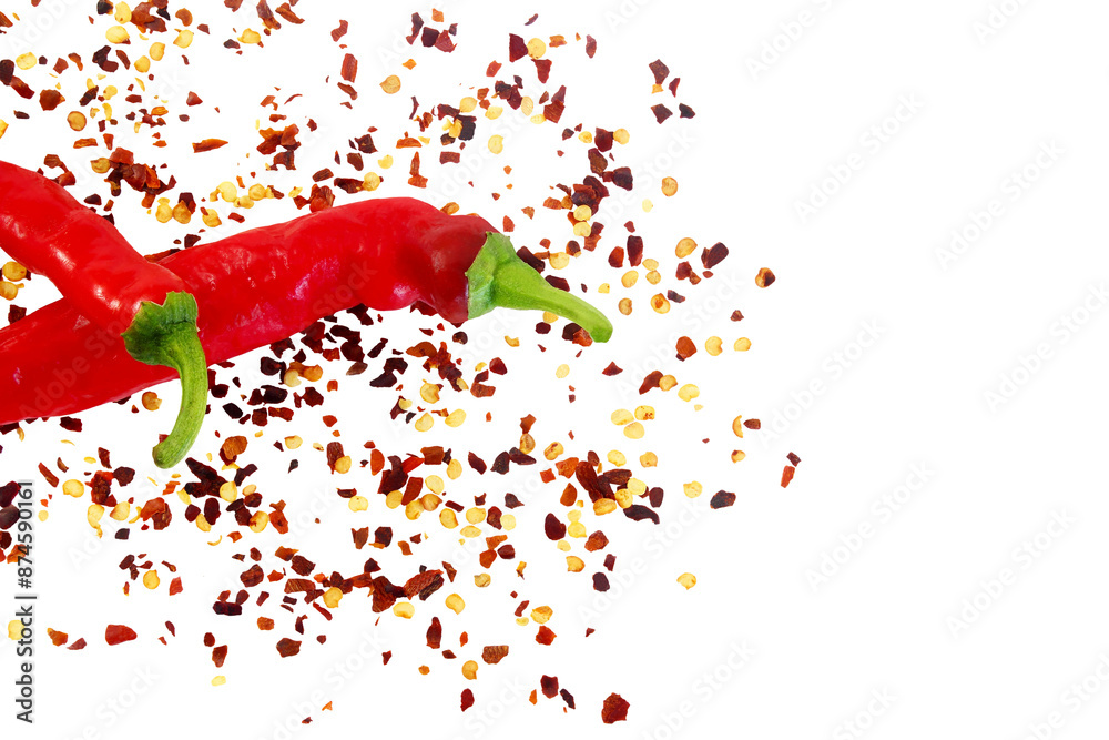 organic kashmiri red chili pepper with chili pepper flakes powder burst ...