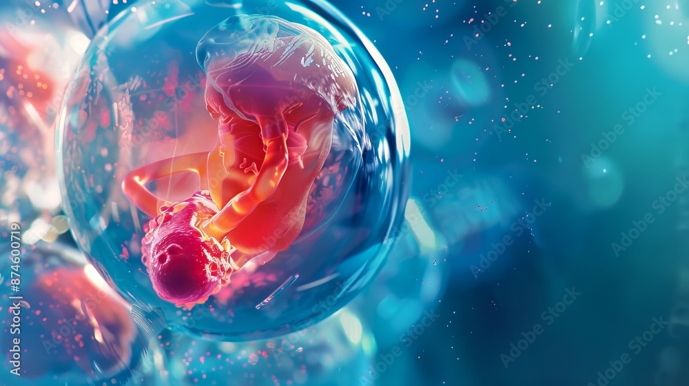 AI-generated depiction of a developing human embryo in utero. Bright ...