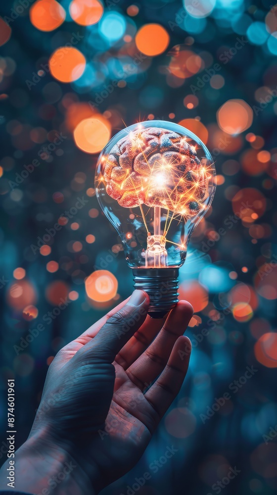 Hand holding drawing virtual lightbulb with brain on bokeh background ...