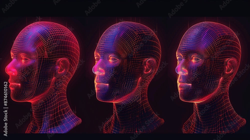 90s 3DCG graphics, wireframe glowing human head at different rotation ...