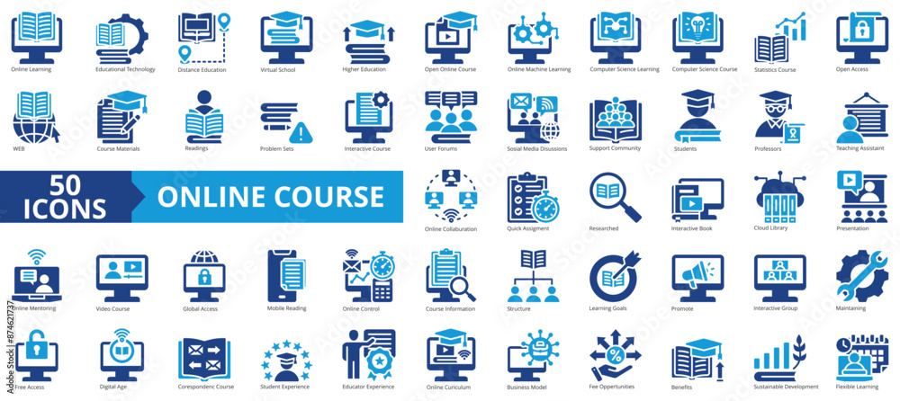 Online course icon collection set. Containing online, course, learning ...