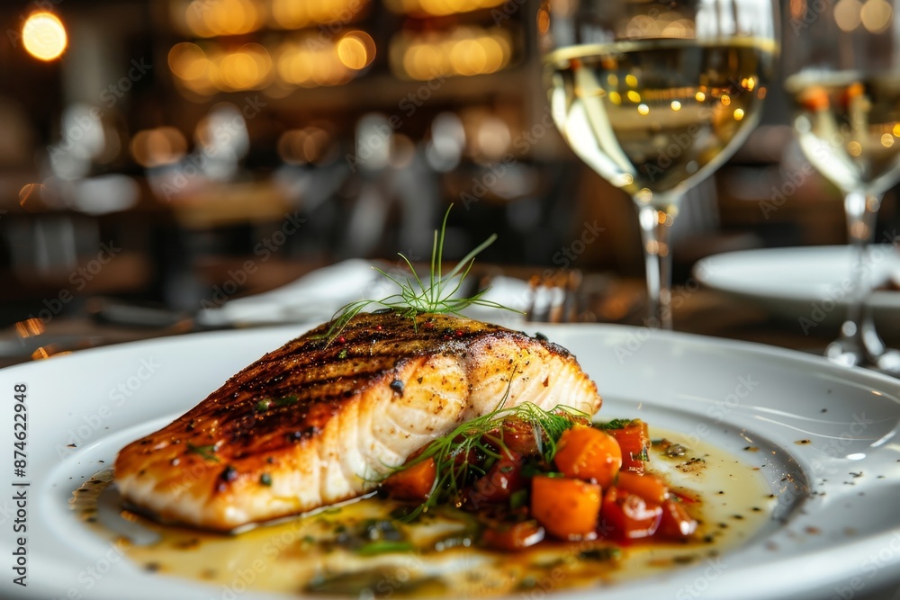 Elegant restaurant setting with grilled fish fillet and white wine ...