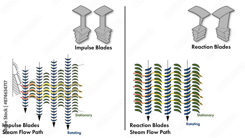 A line drawing showing steam turbine blade flow diagrams for impulse ...