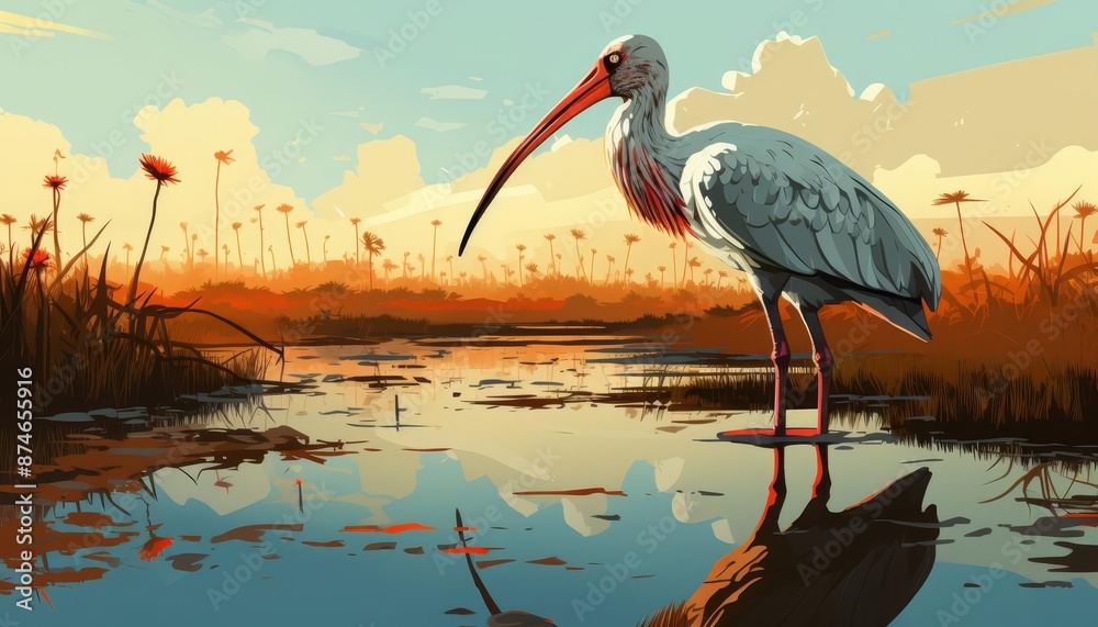 Ibis probing mud with its beak flat design front view marsh theme ...