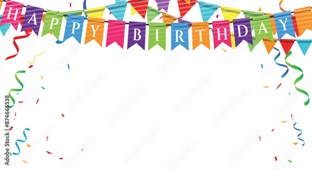 colorful happy birthday border frame with confetti and flag. Happy ...