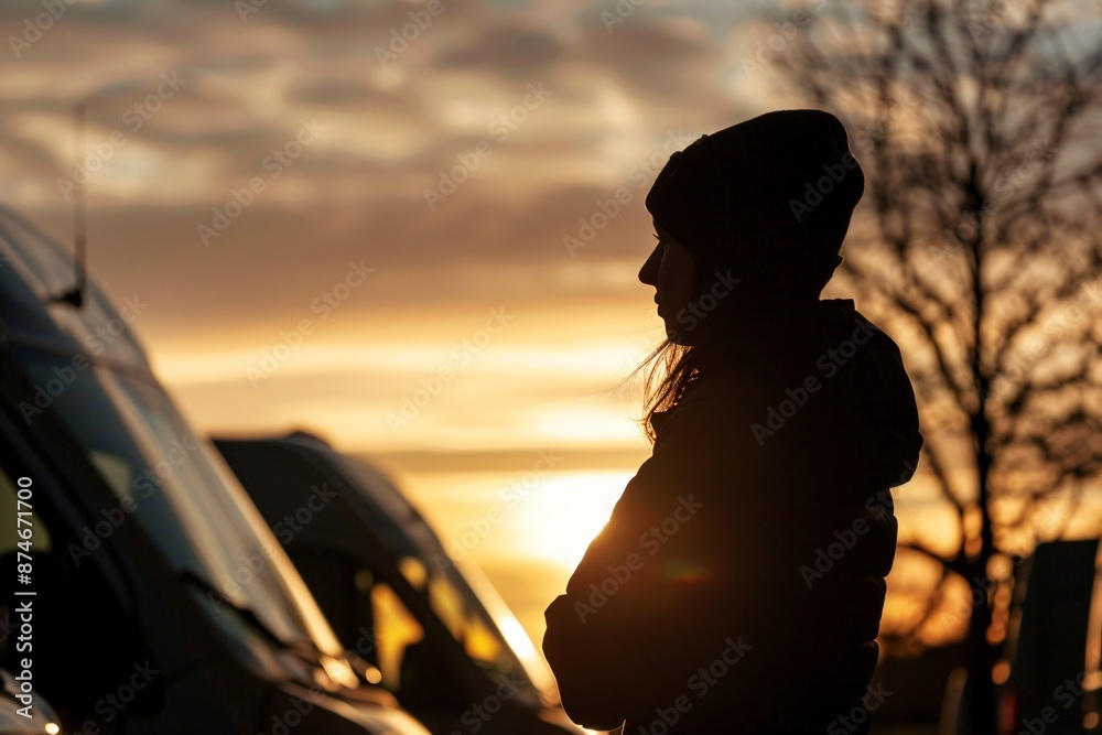 Silhouette person at a distribution center with a fleet of electric ...