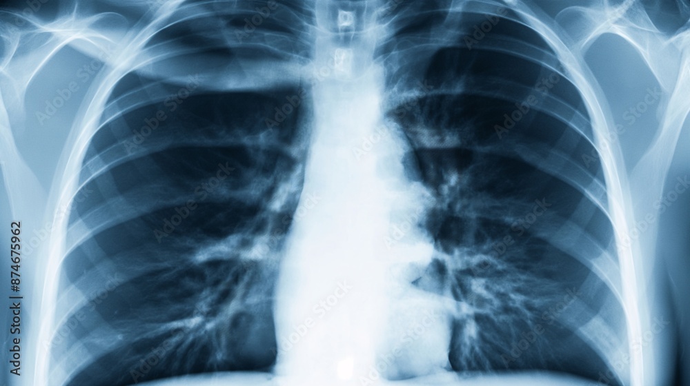 Chest X-ray showing bilateral pneumonia with diffuse white areas Stock ...