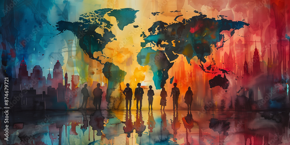 Watercolor painting of colorful world map with silhouettes of standing ...