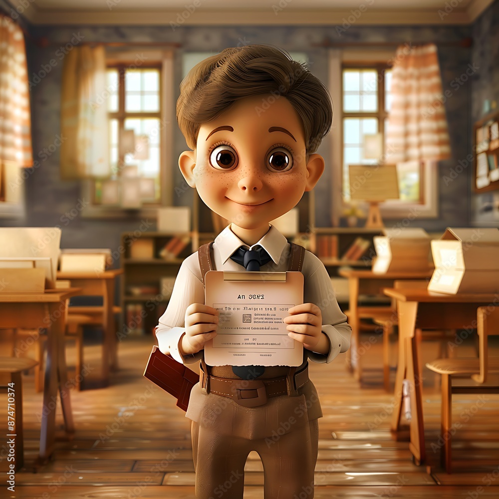 A handmade paper schoolboy holding a report cd with excellent grades ...