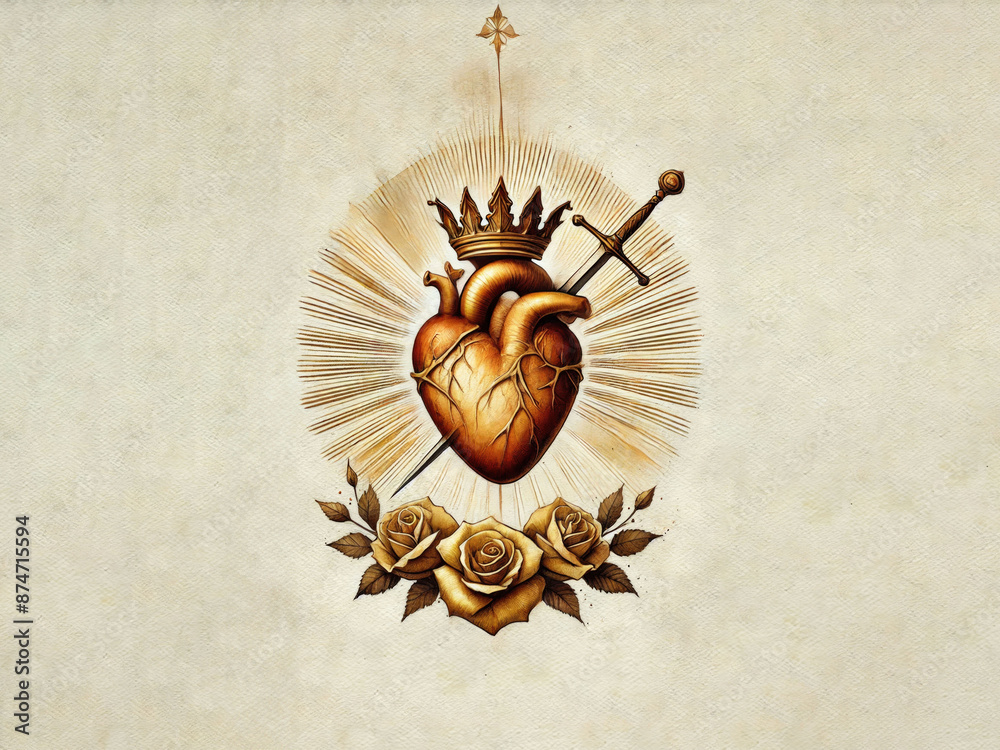 Immaculate Heart of Mary. A golden heart crowned and pierced by a sword ...