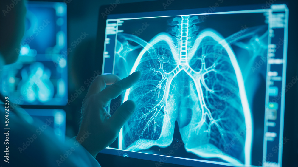 Doctor checking chest xray lung scan film of patient in radiology ...