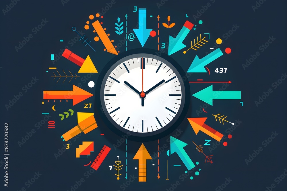 A clock with a flat design, with arrows showing efficient time ...