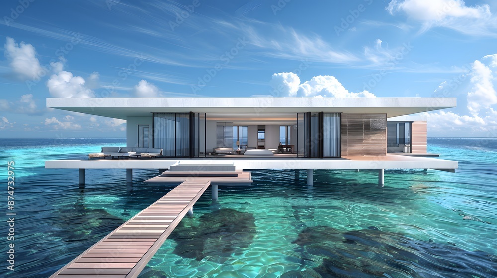 An architectural rendering of a small luxury home on stilts over water ...