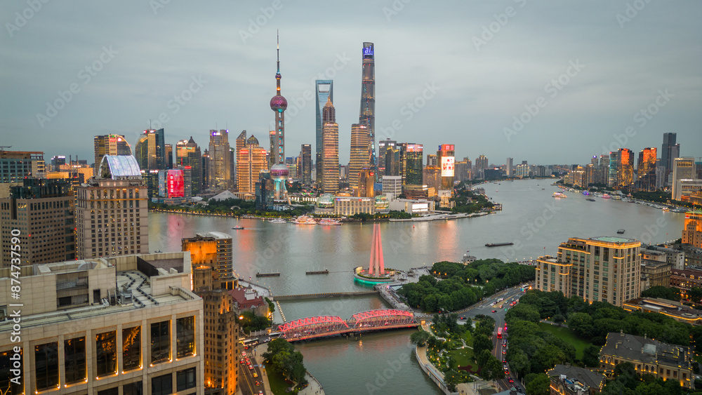 Shanghai , China - 10 July 2024 : Aerial Panoramic skyscrapers and dusk ...