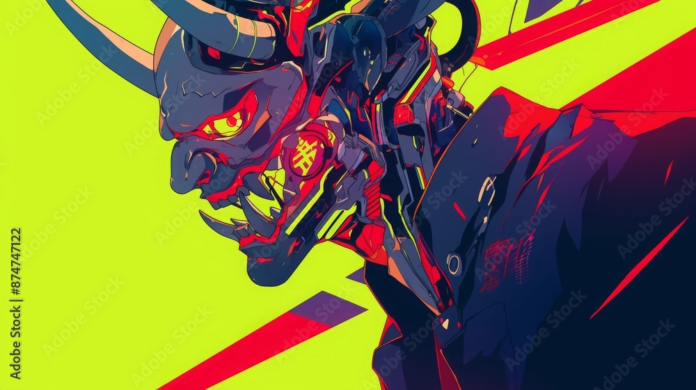 Cyberpunk Oni Demon with Glowing Eyes and Japanese Kanji on Neon ...