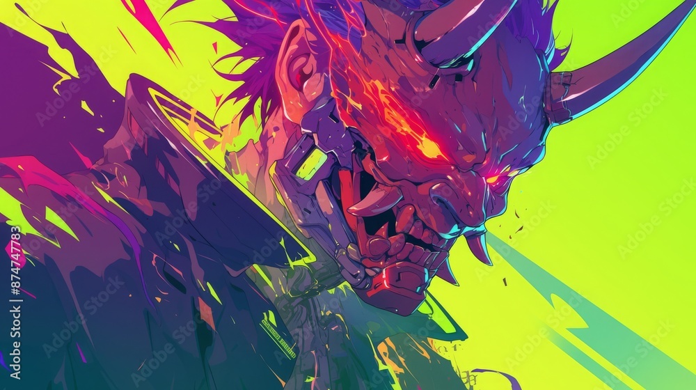 Cyberpunk warrior with glowing red Oni mask on neon background. Concept ...