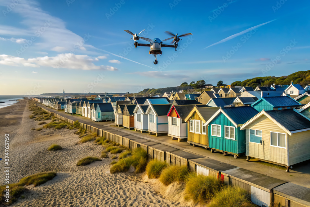 4k video of drone flying toward and over beach huts from sea in ...