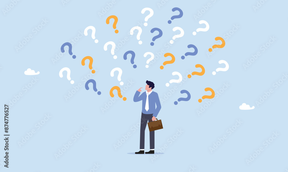 Contemplation businessman thinking with question marks, ask questions ...