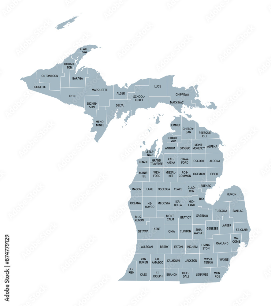 Michigan counties, gray political map. A state in the Great Lakes ...