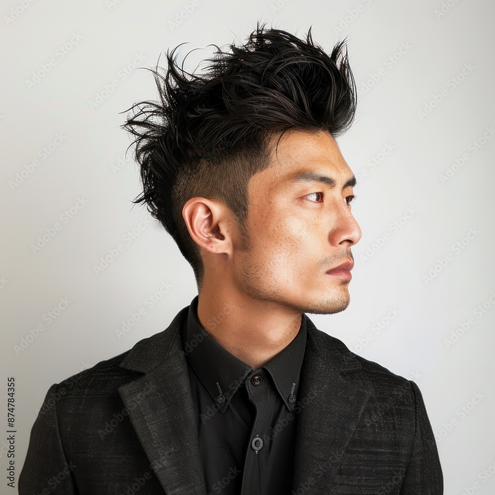 Japanese man with modern pompadour hairstyle, wearing a stylish blazer ...