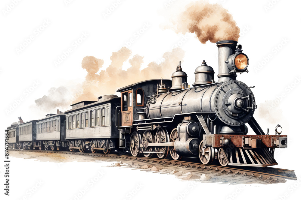 Vintage steam locomotive illustration on transparent background, PNG ...