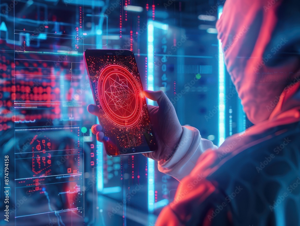 Cybersecurity Expert Demonstrating Ransomware Threat on Mobile Device with a Warning Icon and ...
