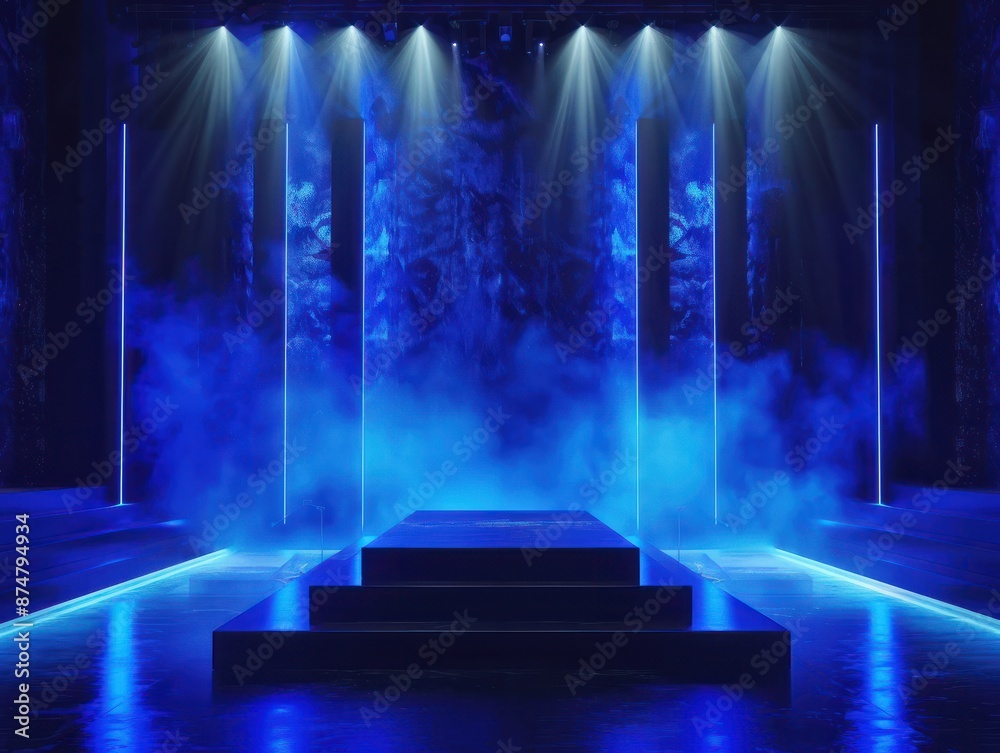Modern stage with dramatic blue lighting and haze, perfect for ...