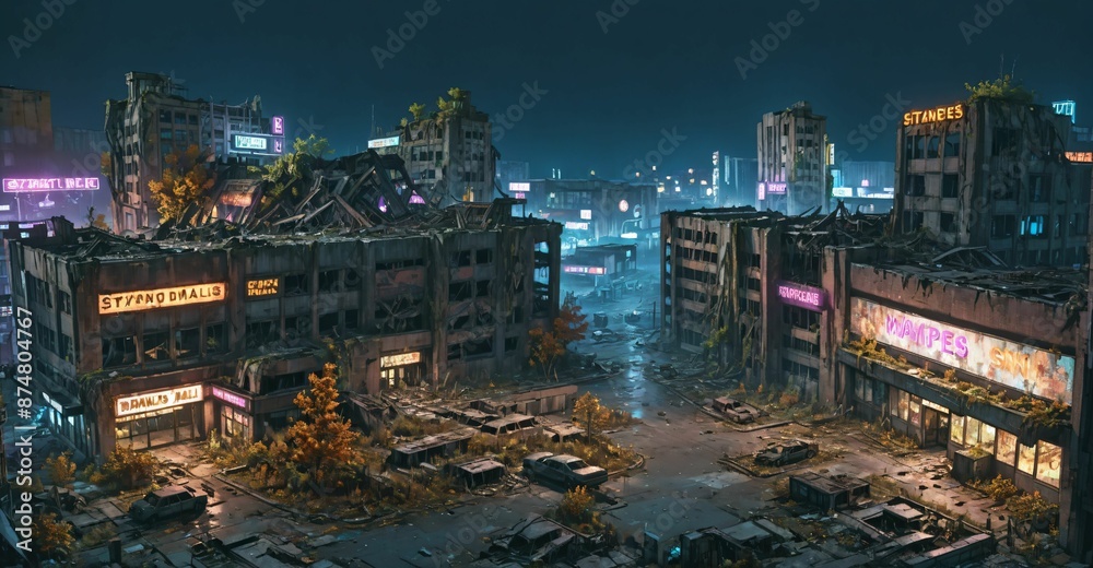dark dystopian cyberpunk abandoned derelict city buildings parking lot ...