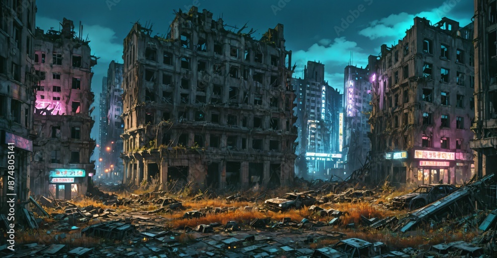 dark dystopian cyberpunk abandoned derelict city buildings parking lot ...