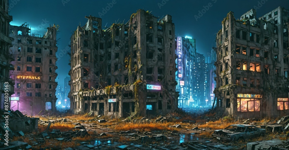 dark dystopian cyberpunk abandoned derelict city buildings parking lot ...