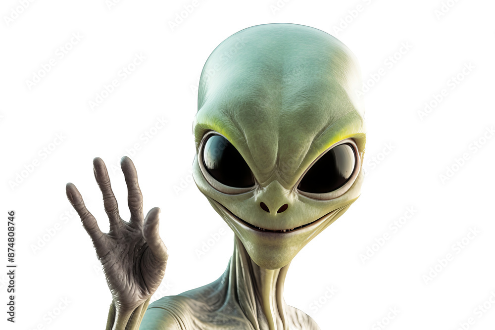 Stock-Foto „Smiling aliens waving greeting in futuristic arrival scene ...