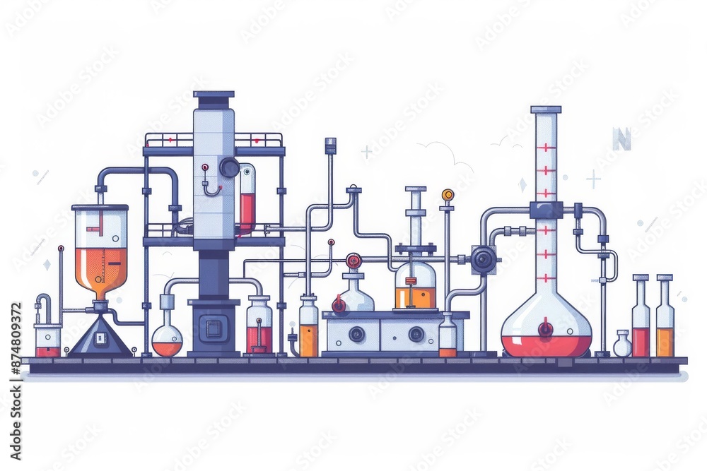 Industrial laboratory setup with pipes and machinery, chemical ...