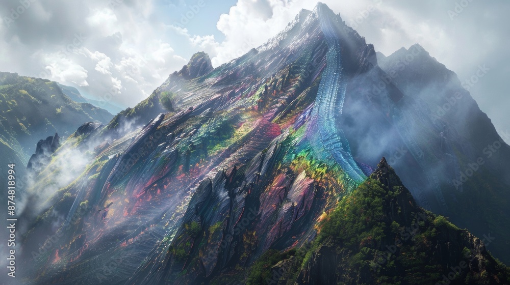 A towering mistcovered mountain is embraced by a massive serpent its ...