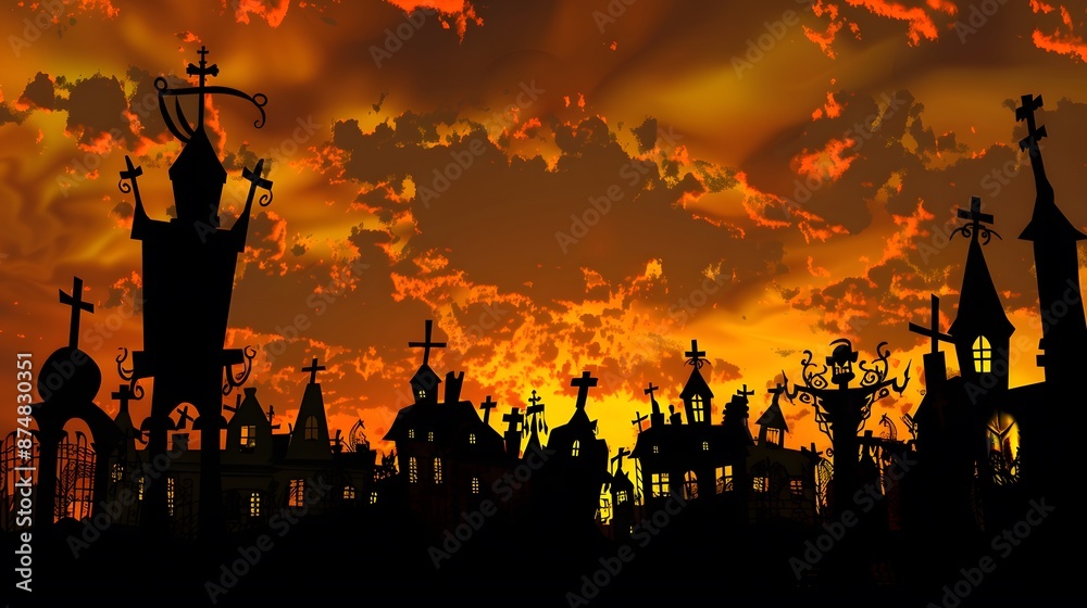 Creepy haunted village at sunset with glowing windows and tombstones ...