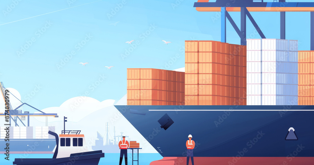 Seaport with organized workflow, workers overseeing tasks, ships ...