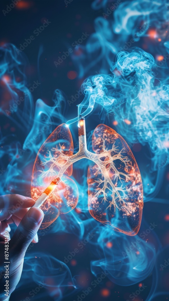 Dangers of Smoking: Smoker Holding a Cigarette with Smoky Lungs. Lung ...