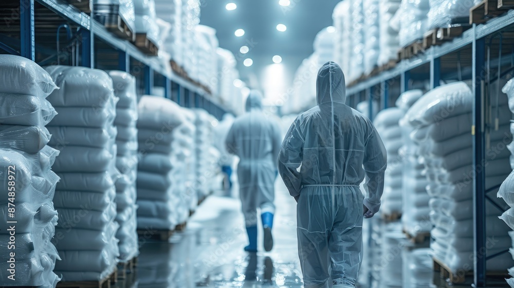 Workers in protective clothing handling frozen food packages in a cold ...