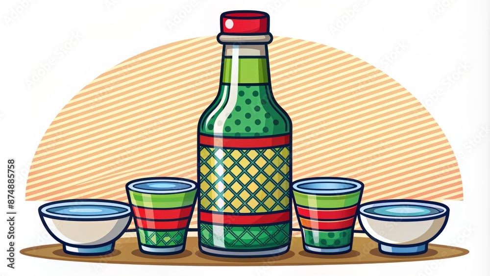 Vibrant colorful cartoon illustration of traditional Korean Soju drink ...