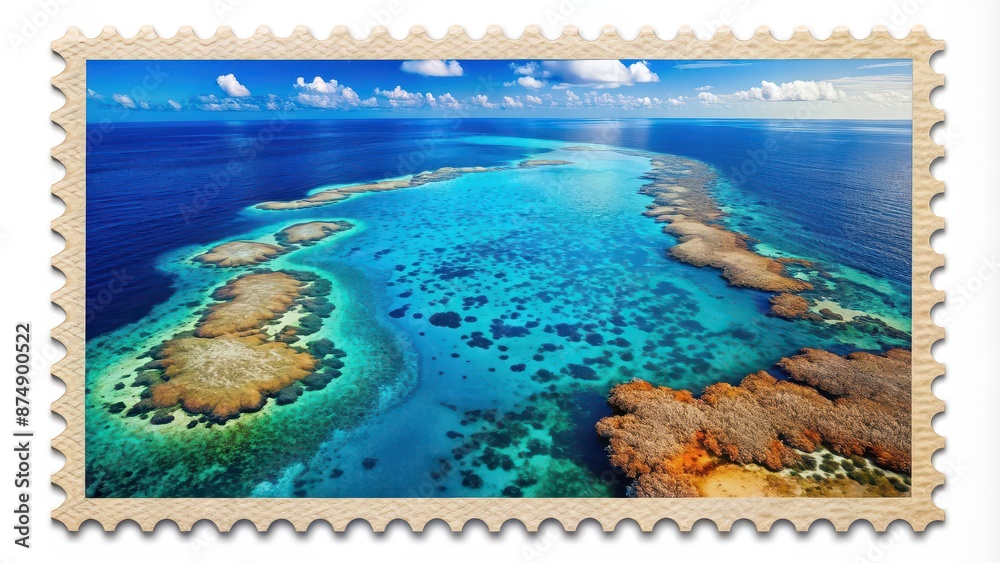 Postage stamp featuring the Great Barrier Reef in Australia, with the ...