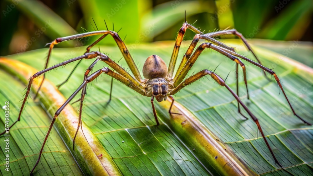 A majestic Tetragnatha spider perches atop a withered banana leaf, its ...