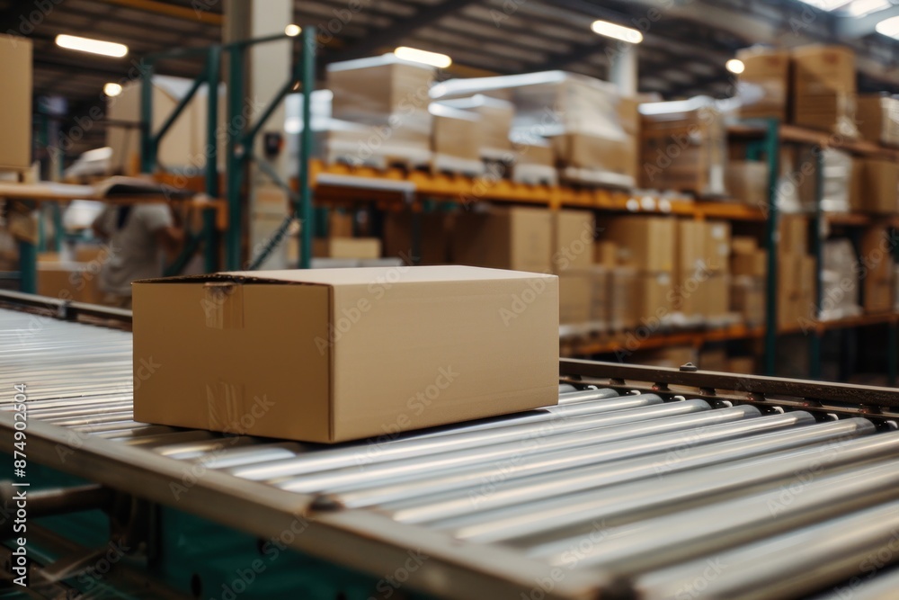 conveyor belt in a packaging warehouse, surrounded by stacks of ...