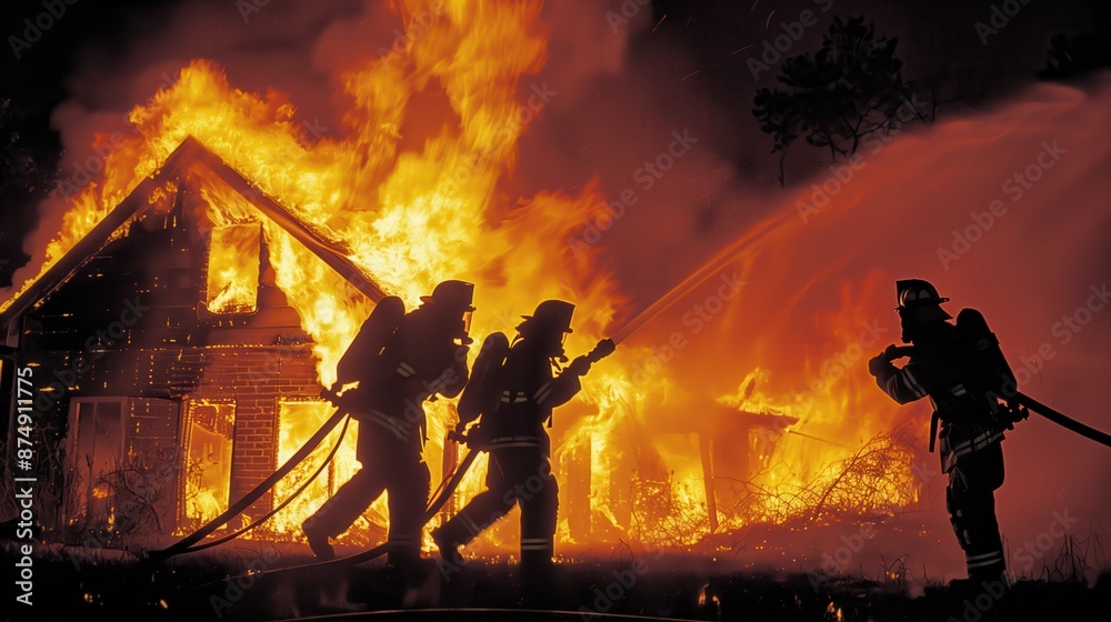 Firefighters battling an intense house fire at night, showcasing ...