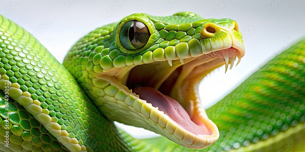Green snake with its mouth wide open, facing forward, snake, reptile ...