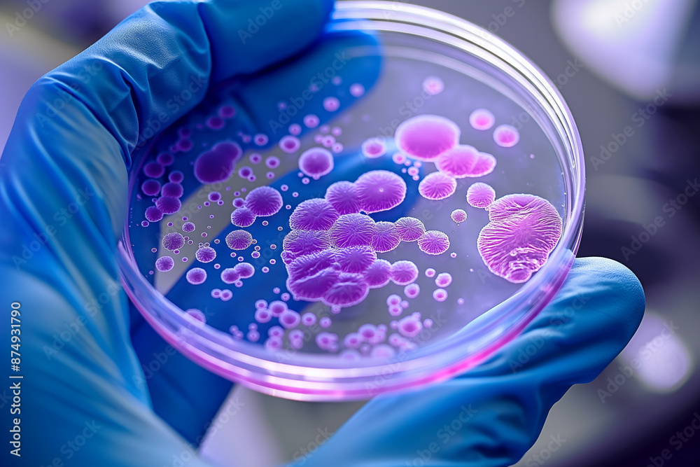 Close-up view of agar plates filled with bacteria and microorganisms ...